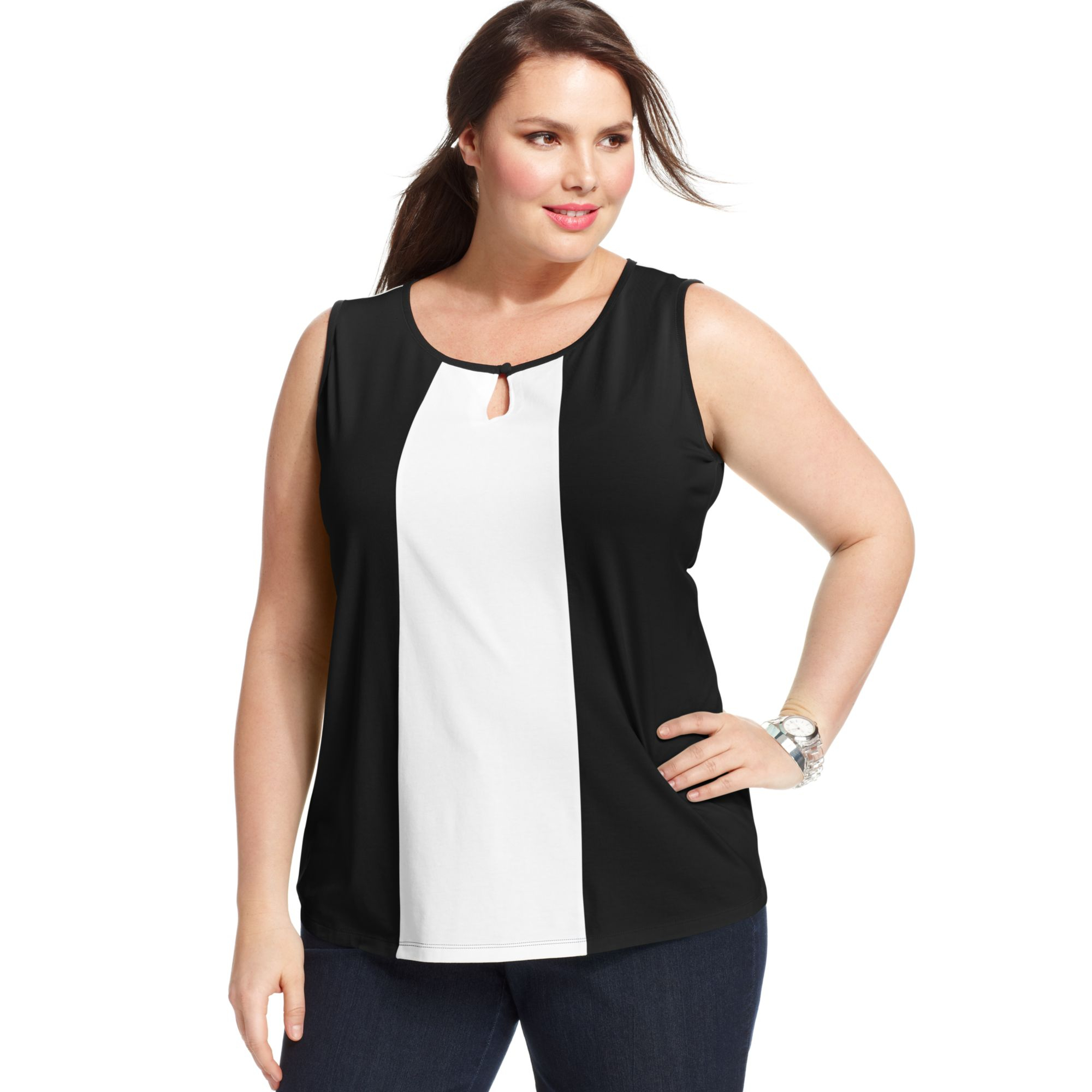 Jones New York Plus Size Sleeveless Colorblocked Keyhole Top In White