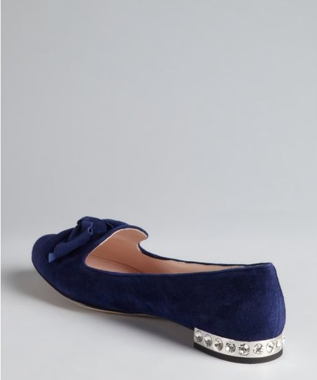 Miu Miu Navy Suede Bow Embellished Bejeweled Loafer Flats In Blue Navy Lyst