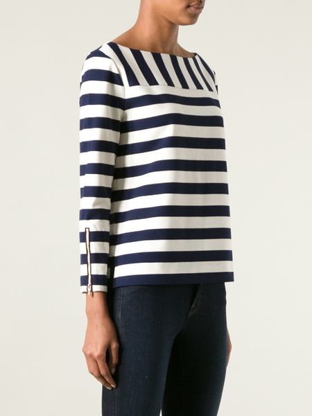 Tory Burch Striped Boat Neck Top In White Nude And Neutrals Lyst