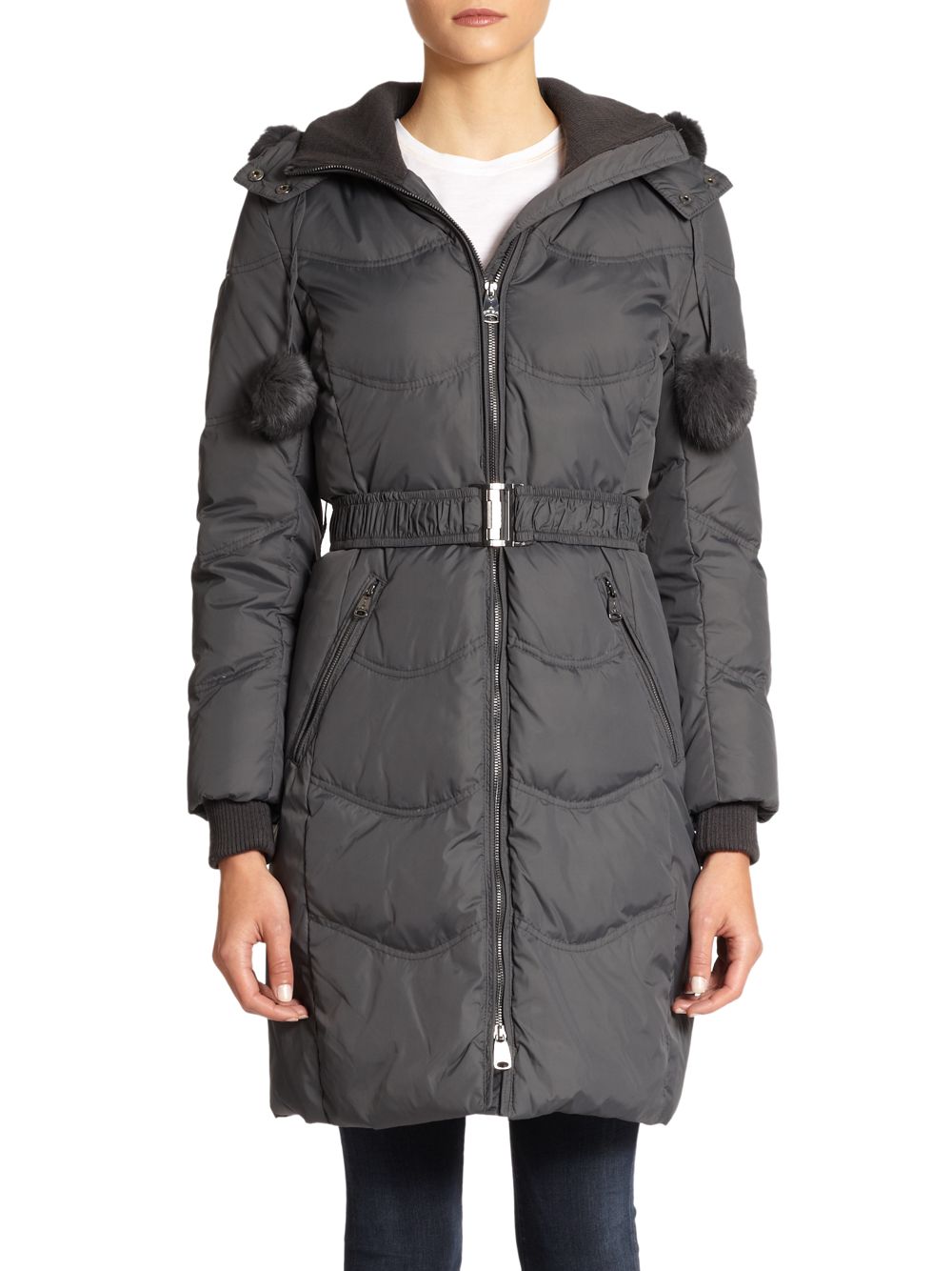 Via Spiga Dyed Rabbit Fur Trim Hooded Belted Puffer Coat in Gray | Lyst Via Spiga Dyed Rabbit Fur Trim Hooded Belted Puffer Coat in Gray | Lyst