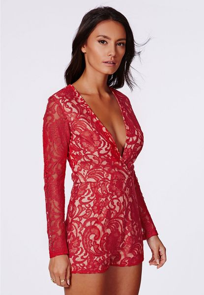 Missguided Lace Plunge Playsuit In Red In Red Lyst