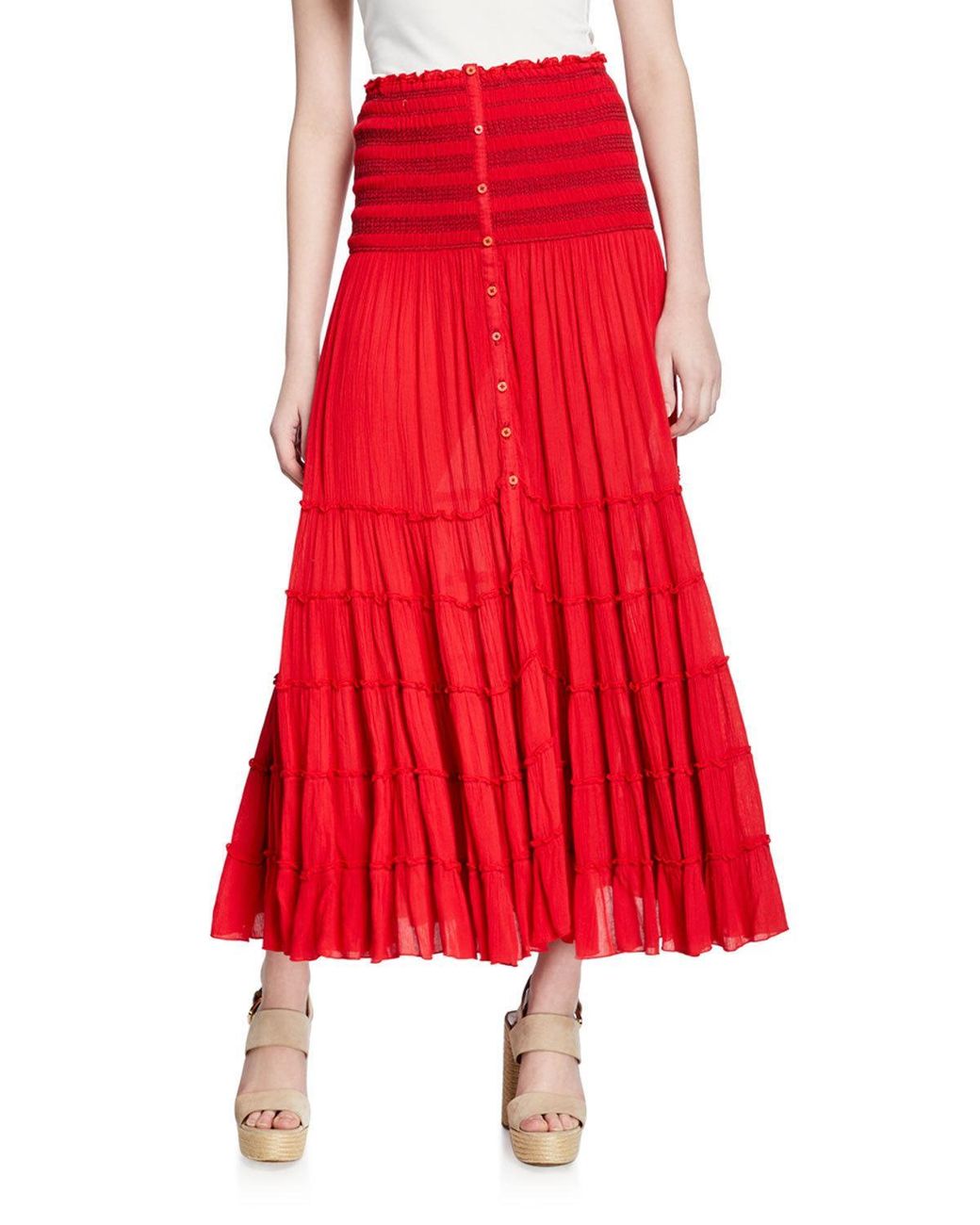 Poupette Foe Paneled Long A-line Crinkle Skirt in Red - Lyst