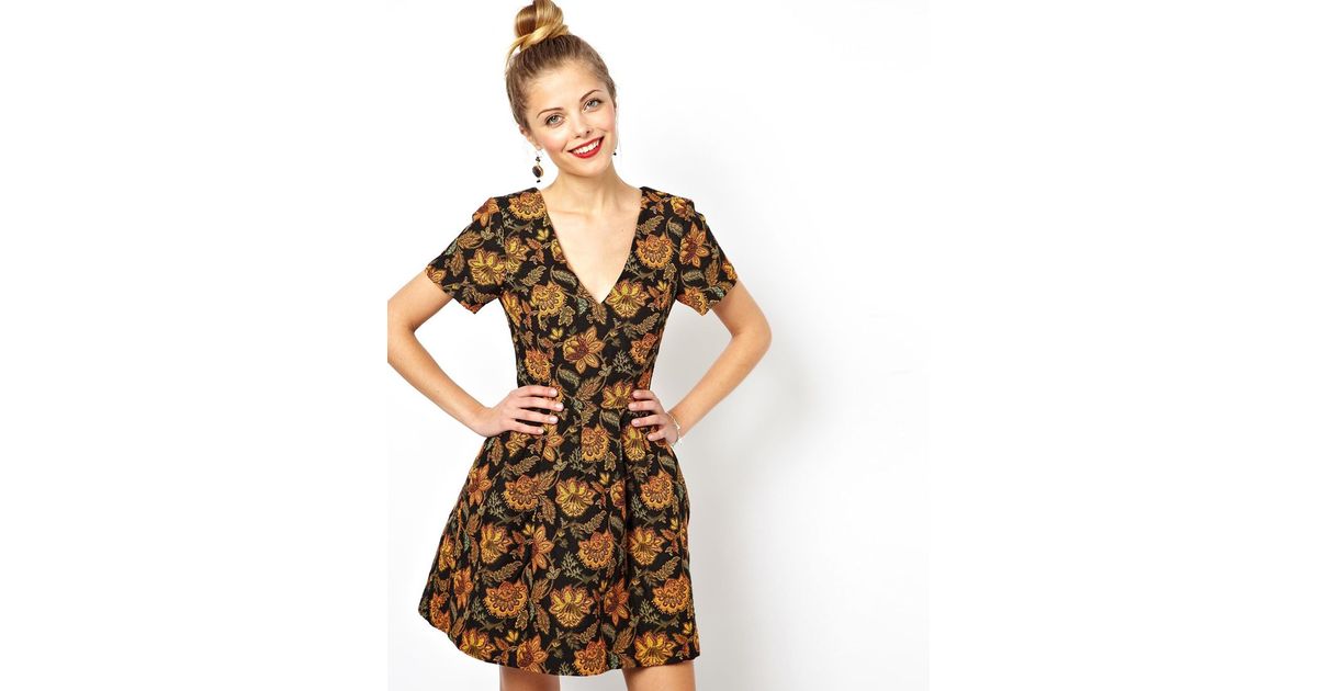 Lyst Asos Skater Dress With V Neck In Floral Jacquard