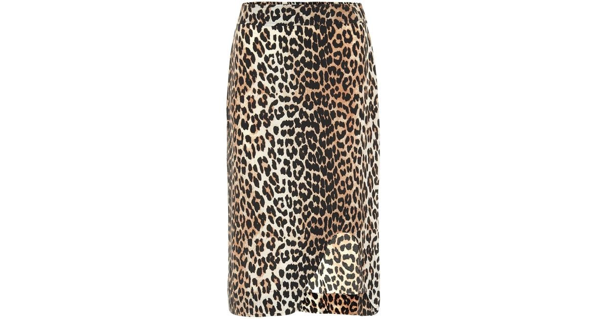 Ganni Leopard Printed Silk Blend Skirt In Beige Natural Lyst