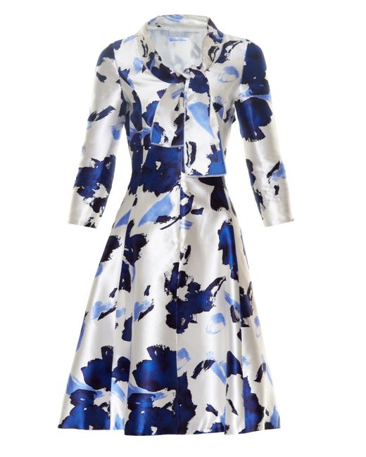 Oscar De La Renta Floral Print Silk Mikado Dress In Blue Blue White