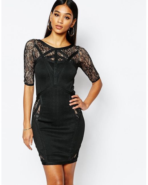 Wow couture Bandage Mini Dress With Lace Inserts in Black - Save 31% | Lyst