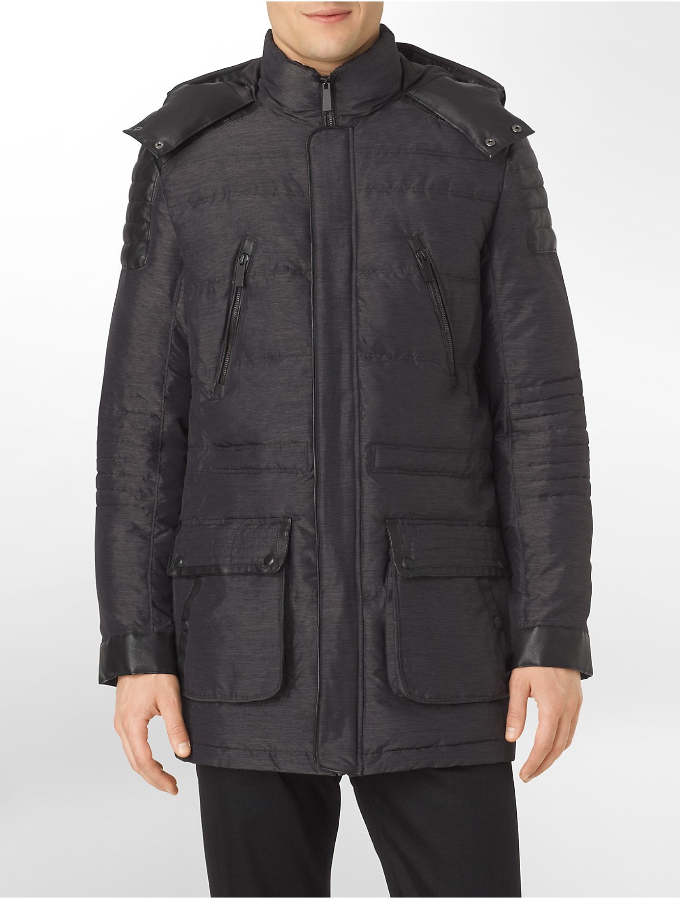 Calvin Klein White Label Faux Leather Trim Hooded Puffer Coat In Black