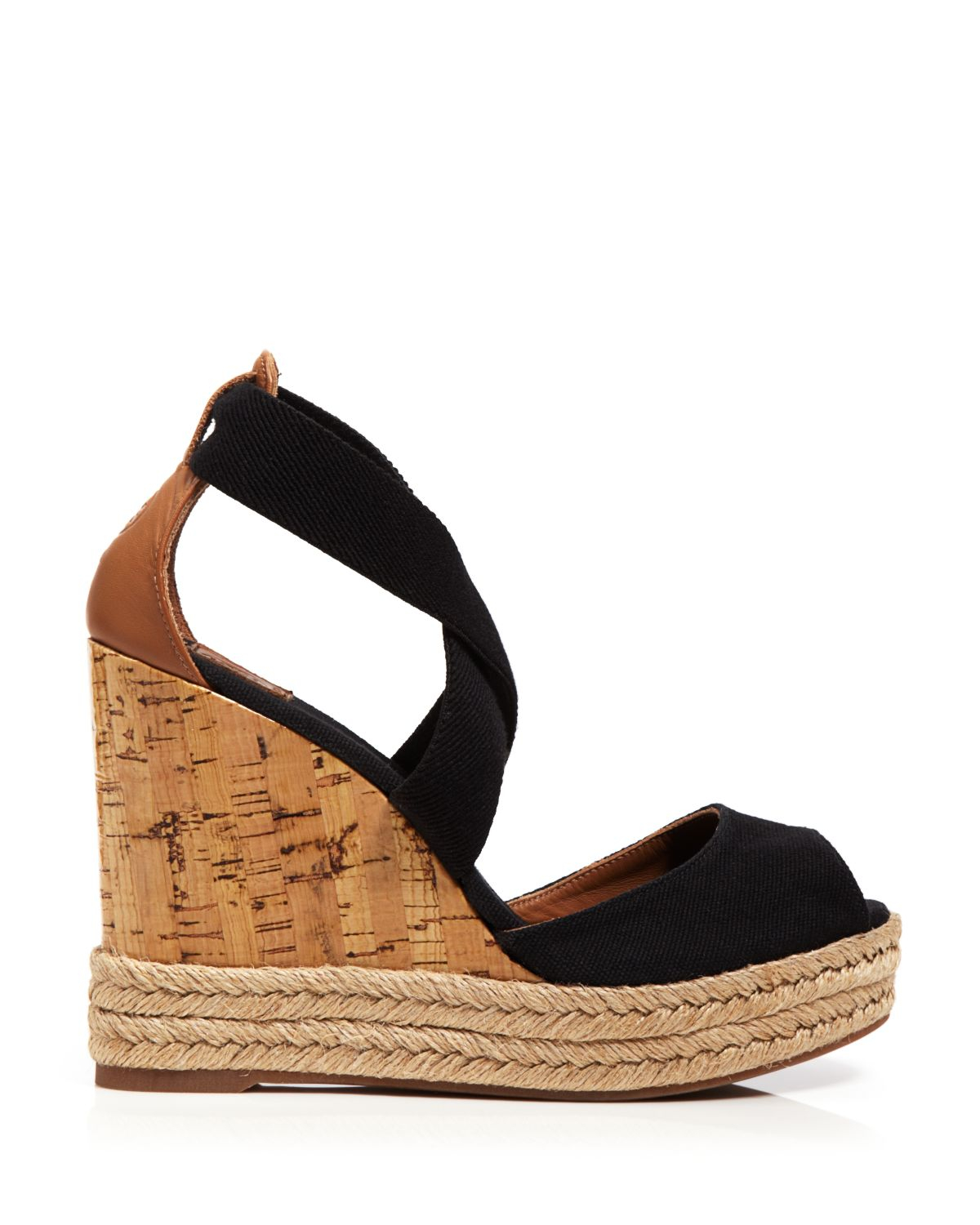 Lyst - Tory Burch Peep Toe Canvas Platform Sandals - Cork Wedge Heel in ...