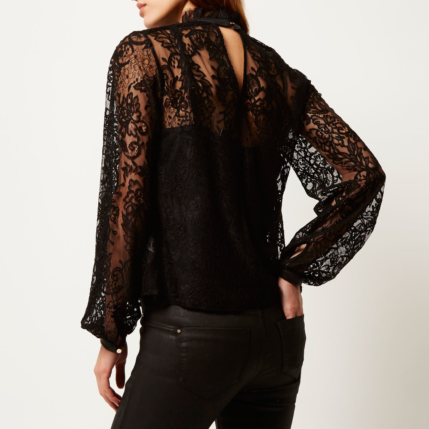 River Island Black Lace High Neck Blouse In Black Lyst