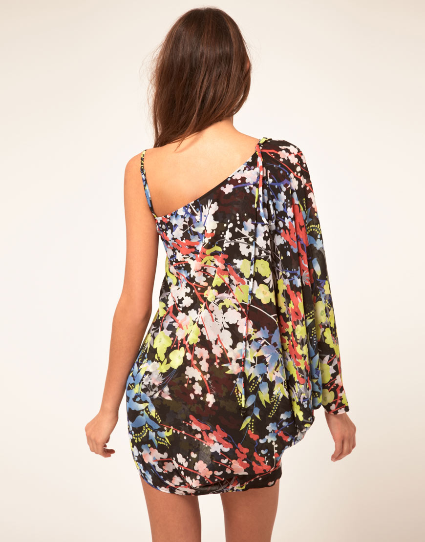 Lyst - Miss sixty Asymmetric Dress With Floral Print in Black