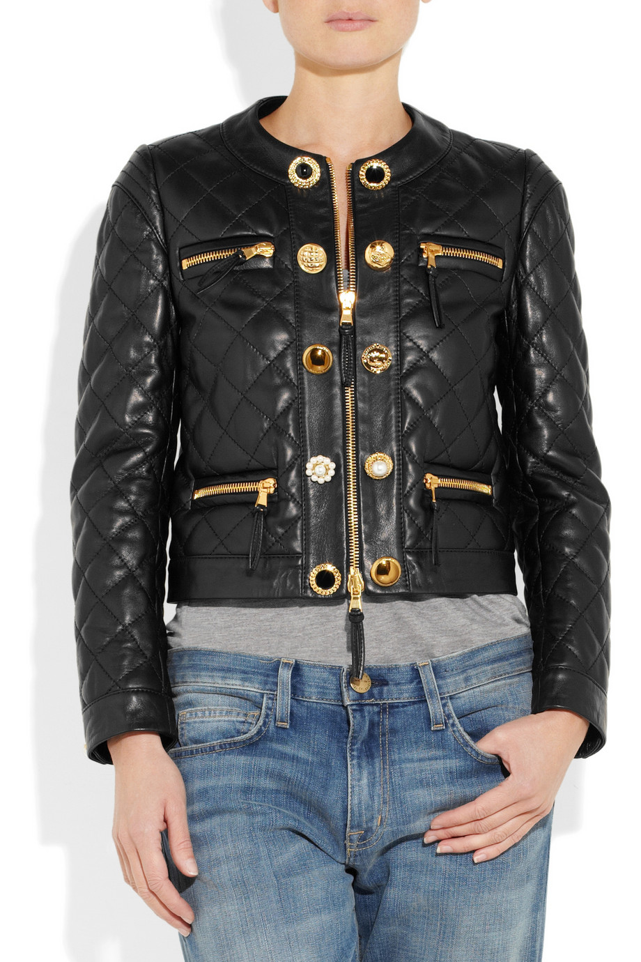 Moschino Quilted Leather Jacket in Black | Lyst