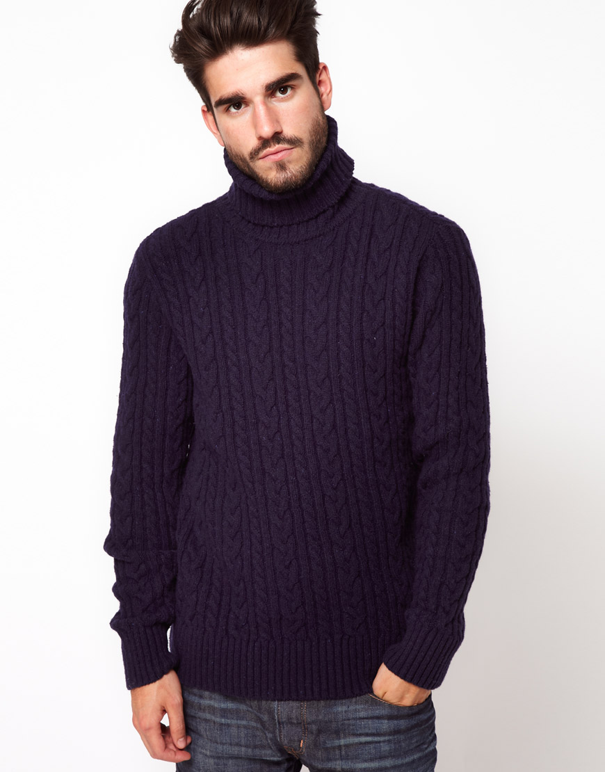 Lyst - Edwin Cable Knit Jumper with Roll Neck in Blue for Men
