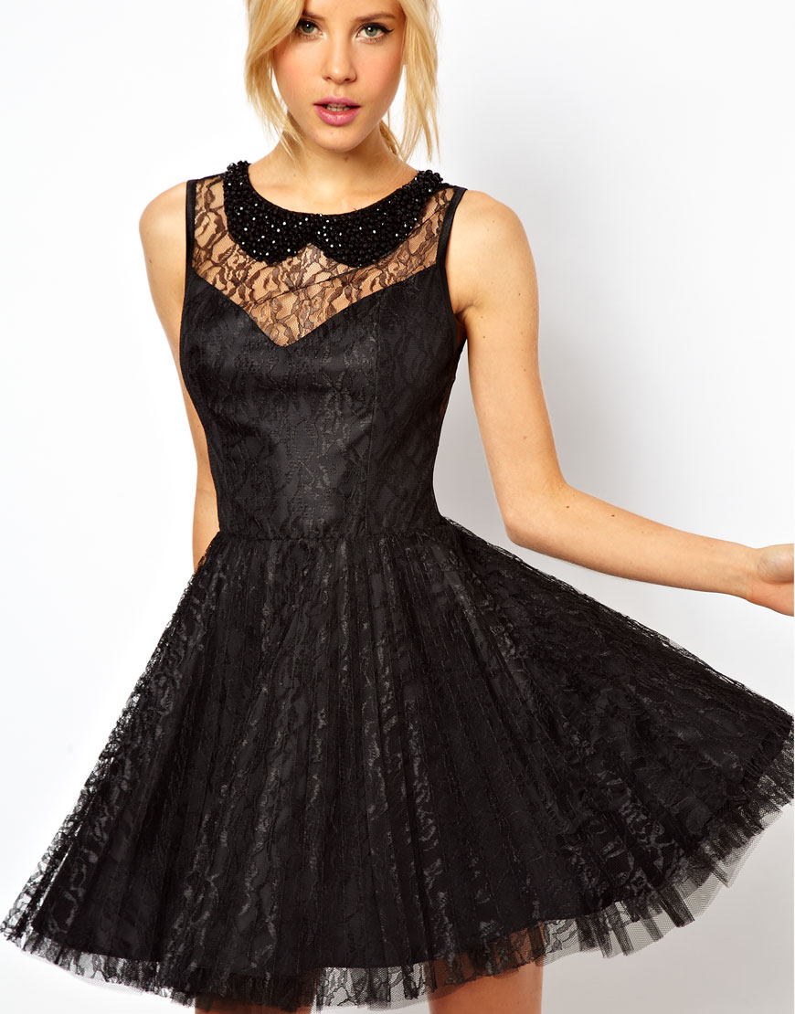 Asos Collection Lace Skater Dress With Pleated Skirt In Black Lyst