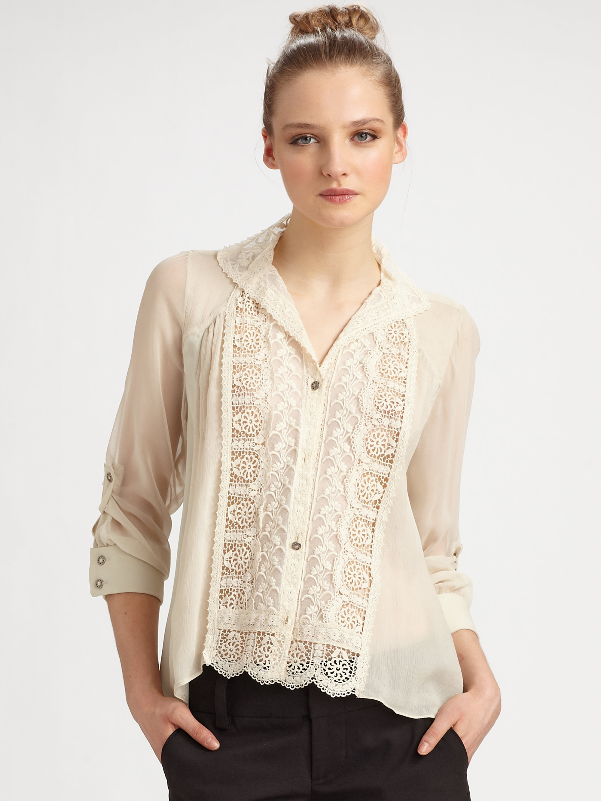 Alice + Olivia Lace Flutter Blouse in White (antique)