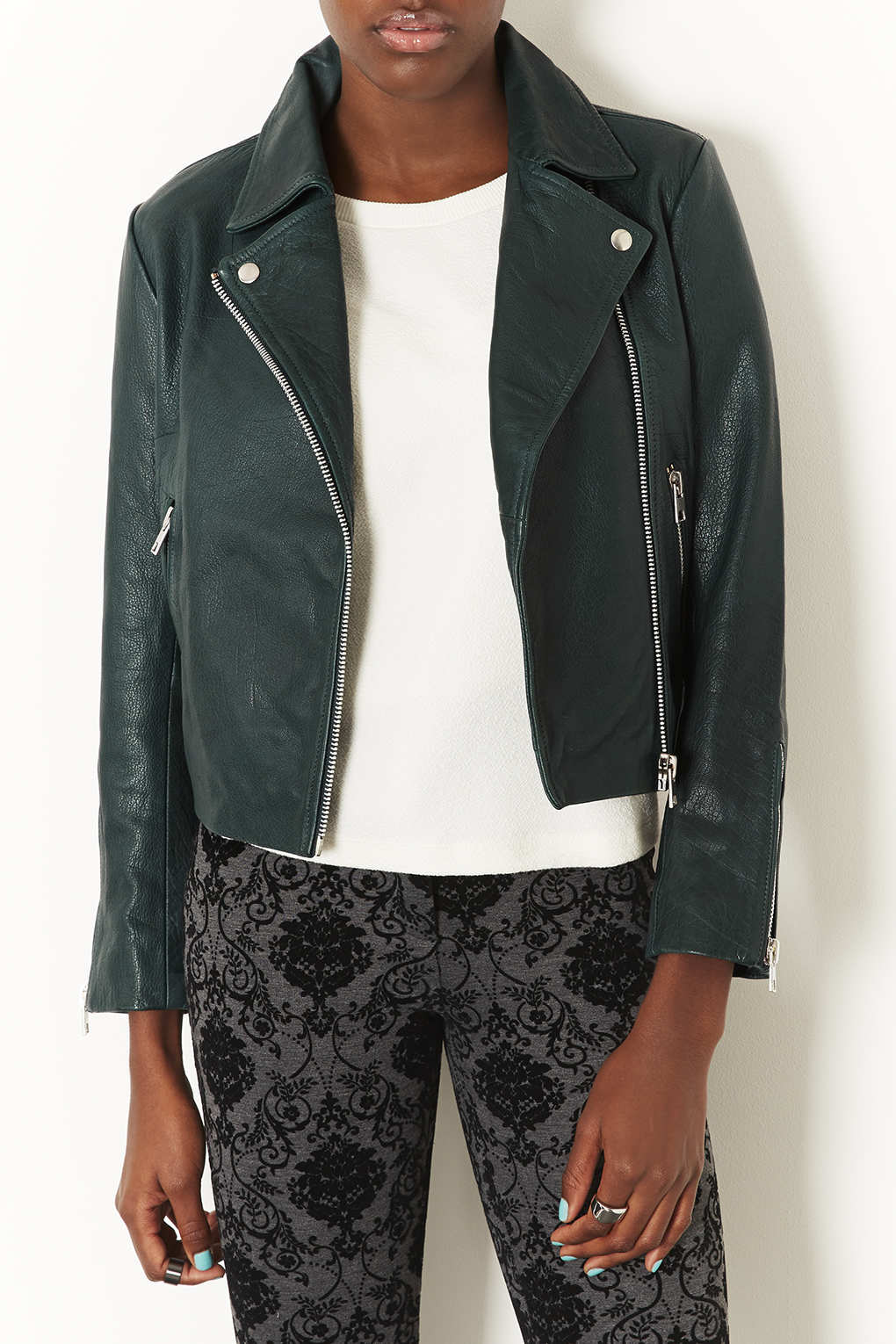Topshop Boxy Leather Biker Jacket in Green | Lyst Topshop Boxy Leather Biker Jacket in Green | Lyst