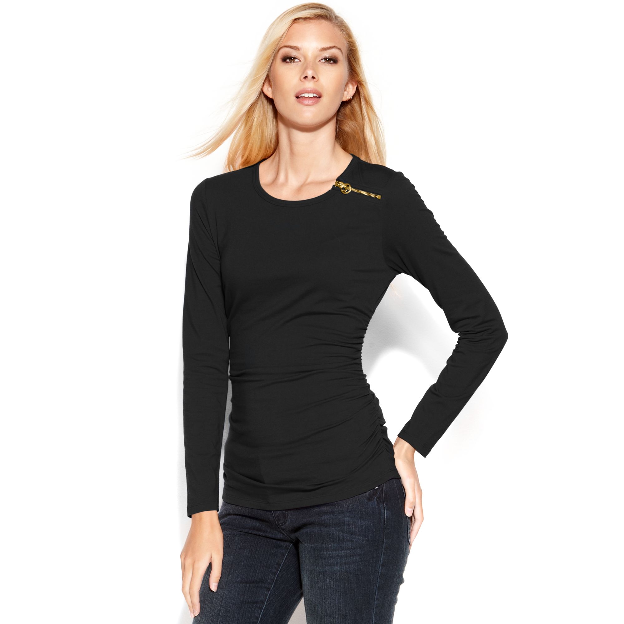 Michael Kors Long Sleeve Crew Neck Zipper Top In Black Lyst