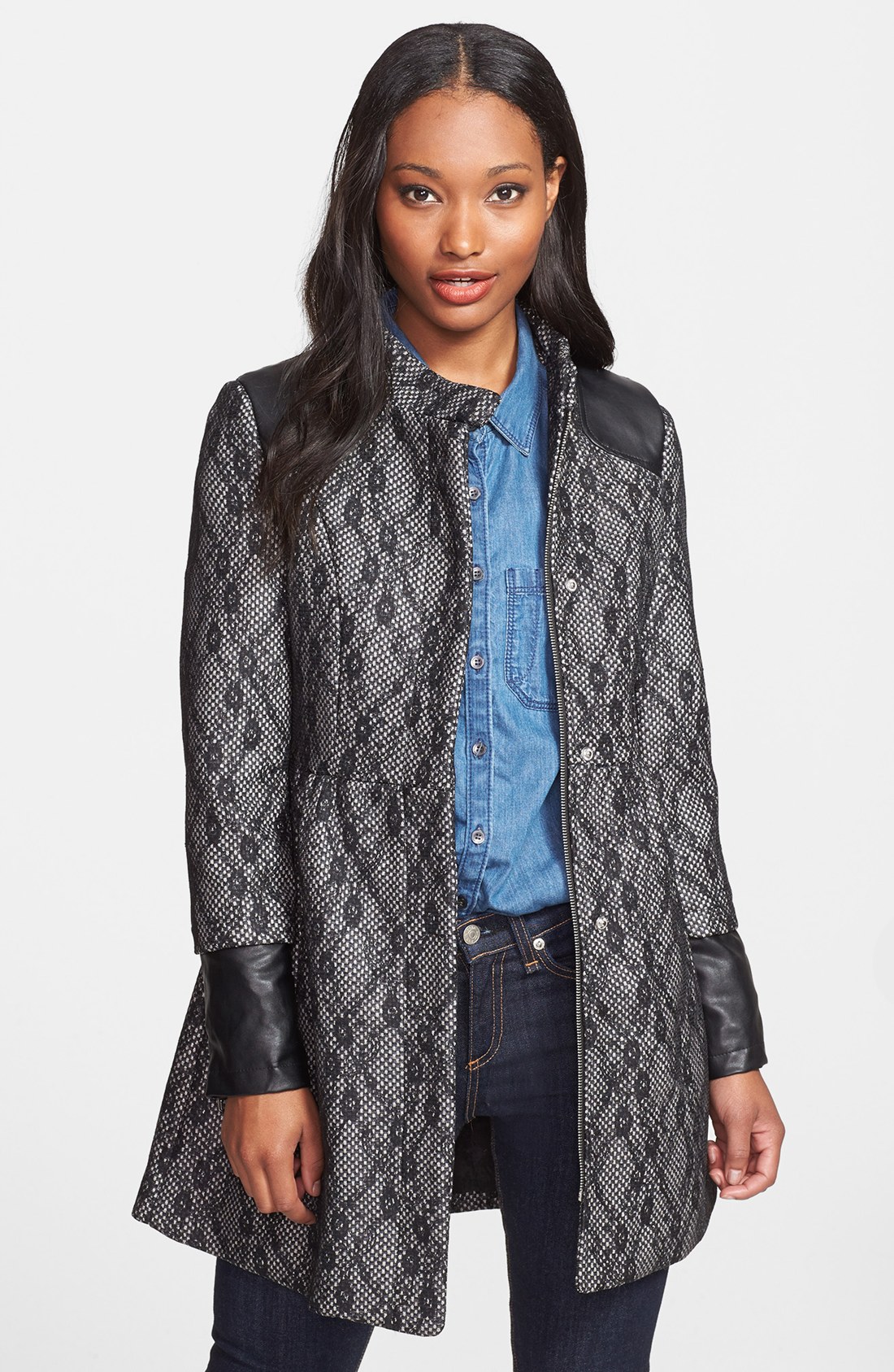 Steve Madden Faux Leather Trim Lace Overlay Coat in Black (Black Lace ...