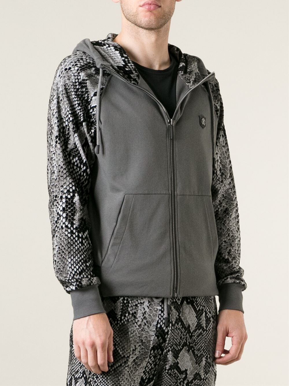 Lyst - Roberto Cavalli Snake Print Sleeve Hoodie Jacket in Gray for Men