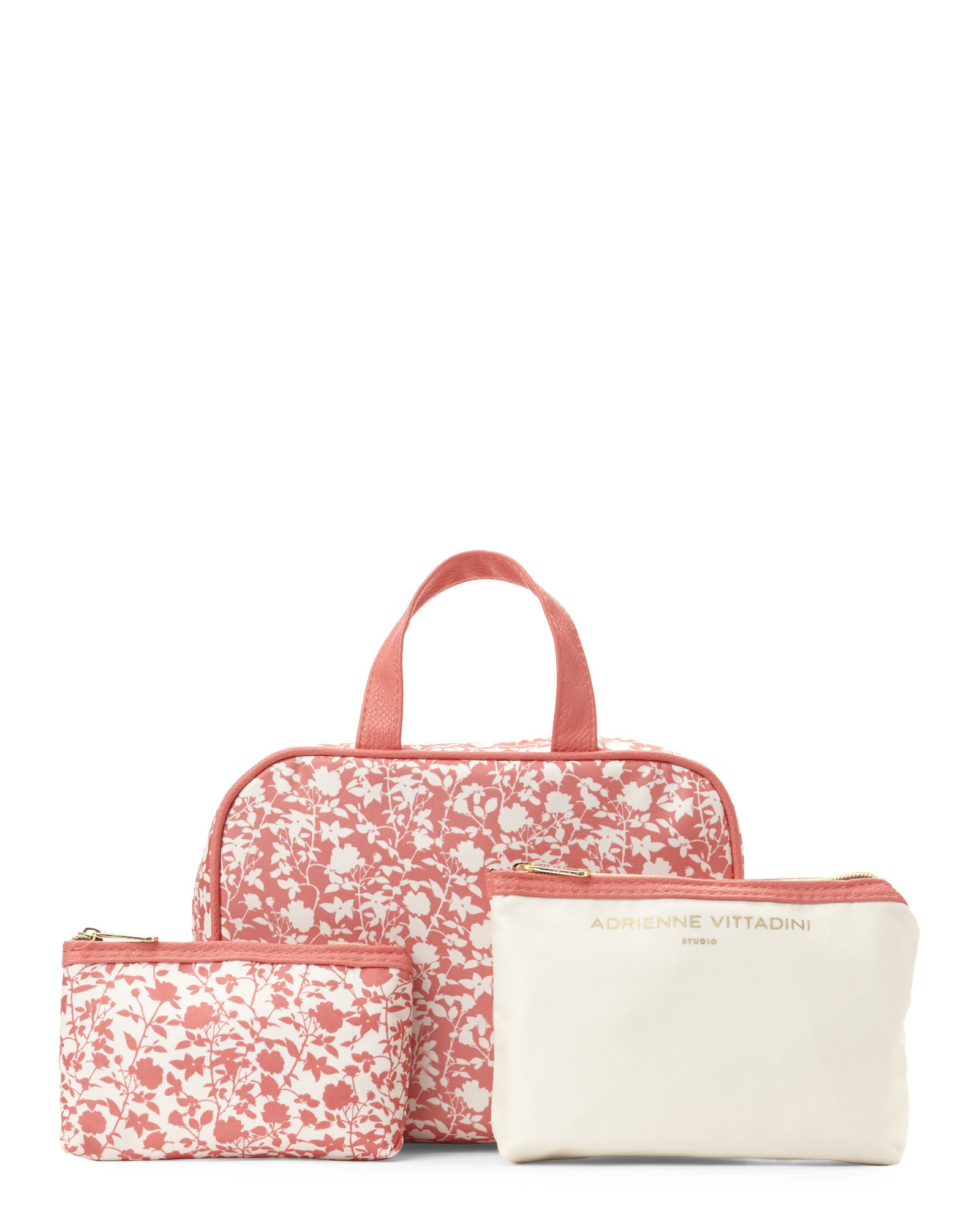 Lyst - Adrienne Vittadini Coral & Cream Floral 3-Piece Cosmetic Bag Set ...