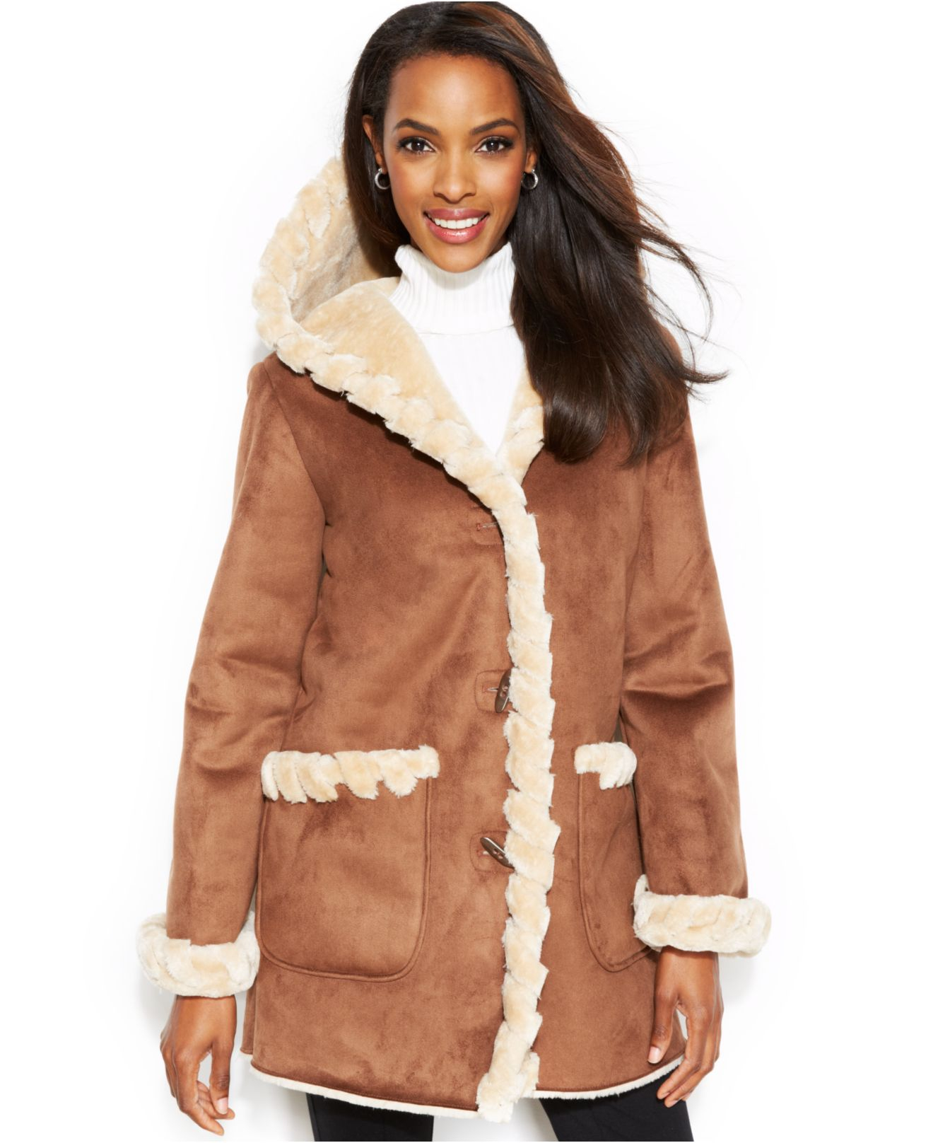 Jones new york Faux-Fur-Trim Toggle Walker Coat in Brown | Lyst