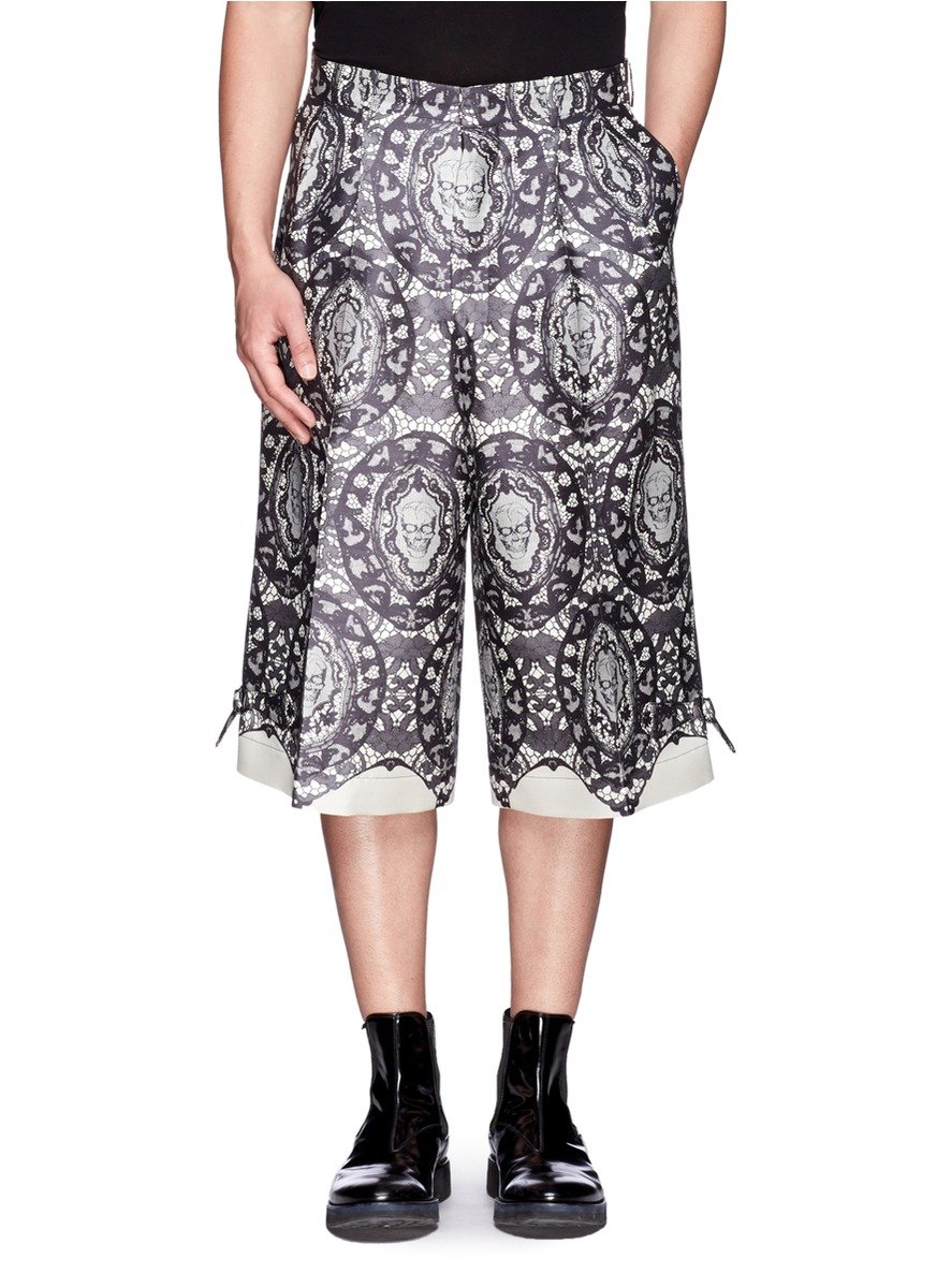 Alexander Mcqueen Lace and Skull Print Woolsilk Bermuda Shorts in Black ...