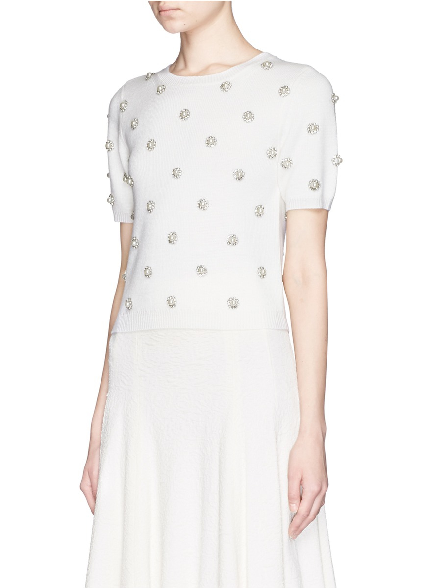 Lyst - Alice + olivia 'bay' Pearl Rhinestone Embellished Cropped ...