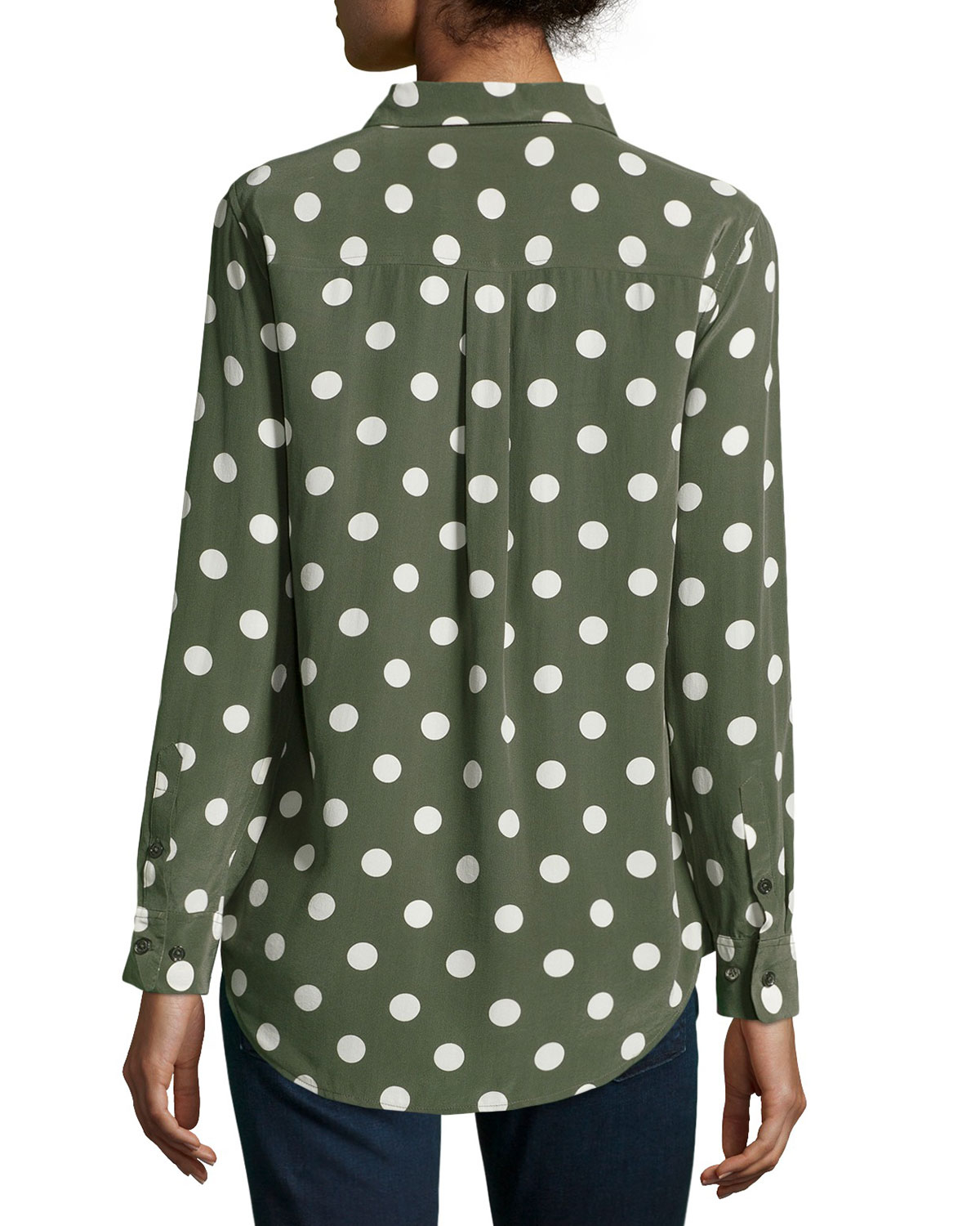 Lyst Equipment Slim Signature Polka Dot Blouse In Green