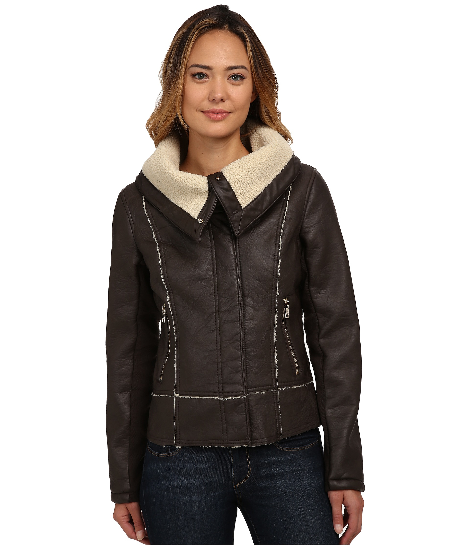 Lyst - Sam Edelman Pu W/ Oversize Sherpa Collar Moto Jacket in Brown