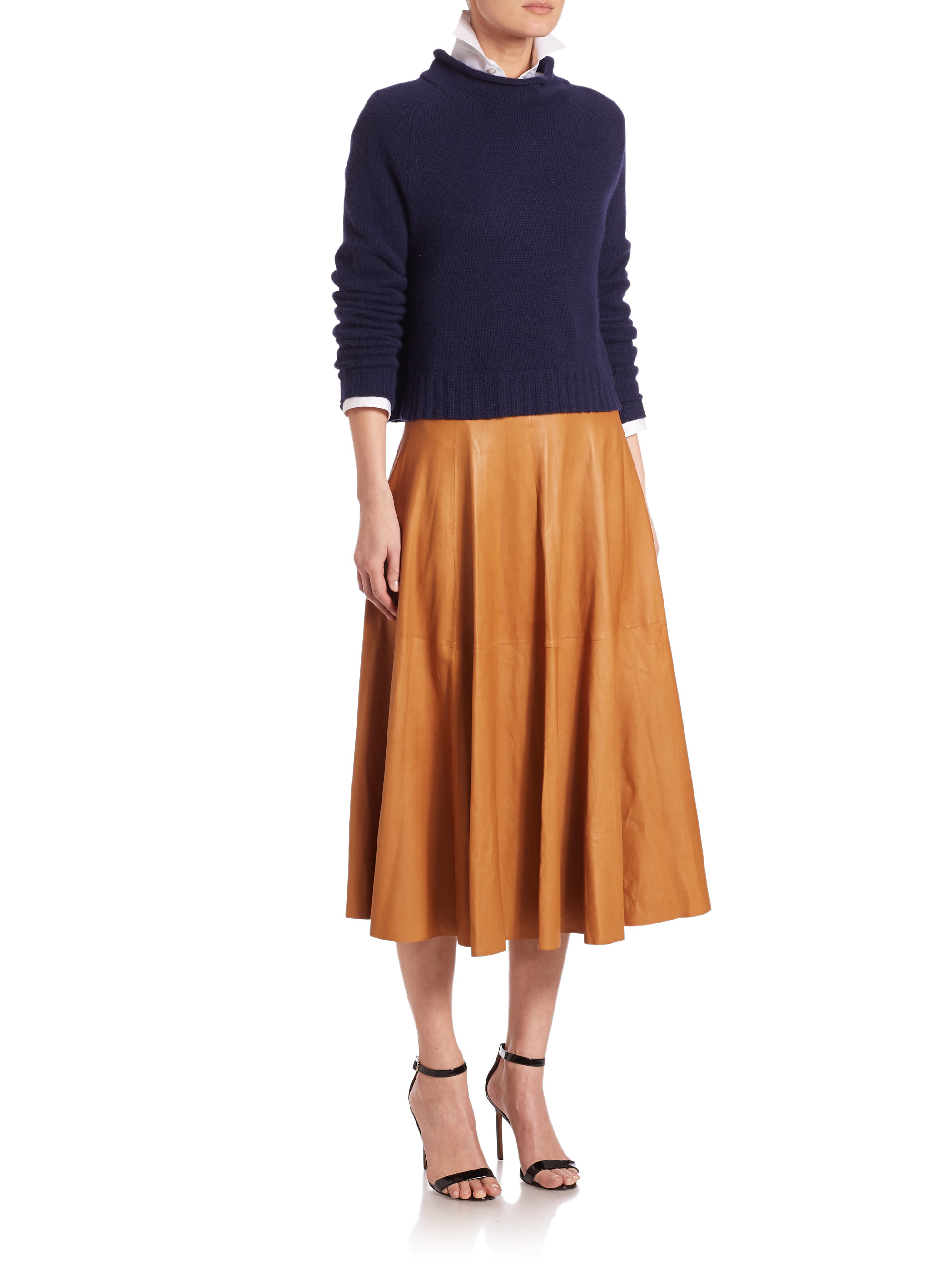 Ralph Lauren Collection Roxana Leather Midi Skirt in Yellow - Lyst