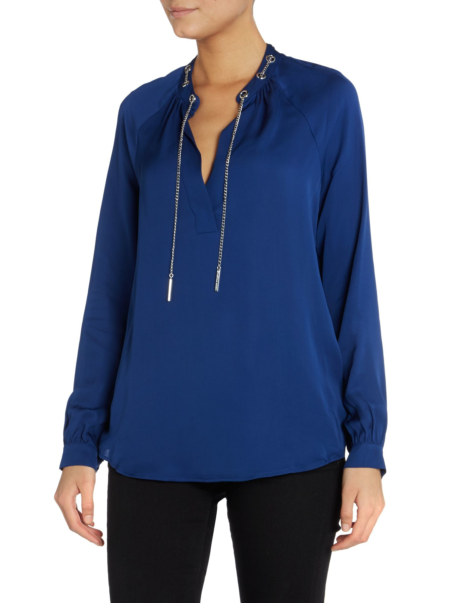 Michael Kors Long Sleeve Chain Neck Silk Blouse In Blue Lyst