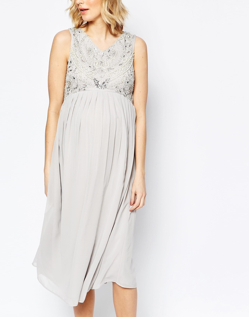 Lyst - Maya Maternity Bead Embellished Bodice Midi Dress in Gray