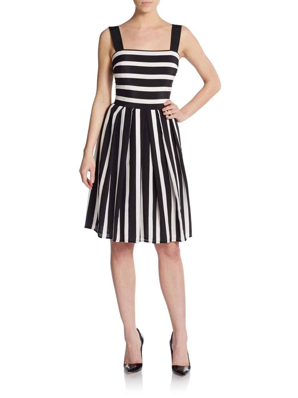 Les copains Striped Silk Fit-&-Flare Dress in Black | Lyst