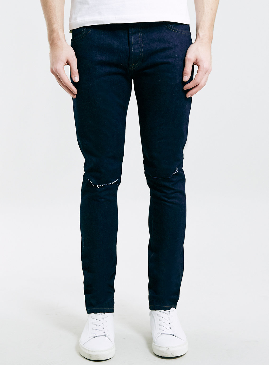 TOPMAN Ltd Indigo Tapered Slim Knee Slash Jeans in Blue for Men - Lyst