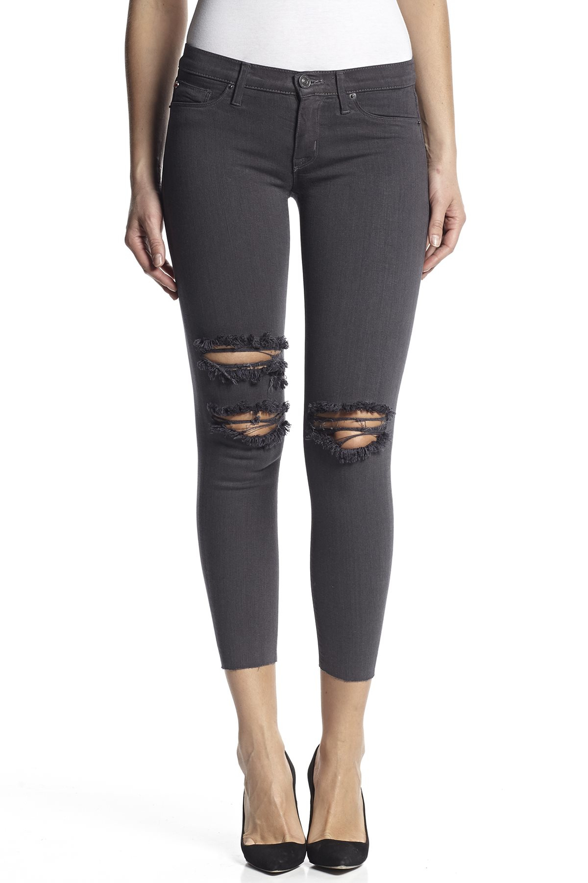 Hudson Jeans Krista Ankle Super Skinny Raw Hem In Gray Lyst