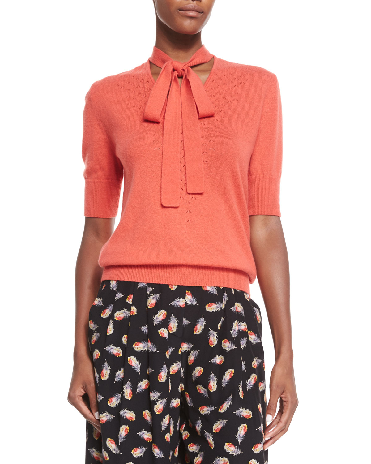 Lyst - Carolina herrera Half-sleeve Neck-tie Cashmere Sweater in Pink