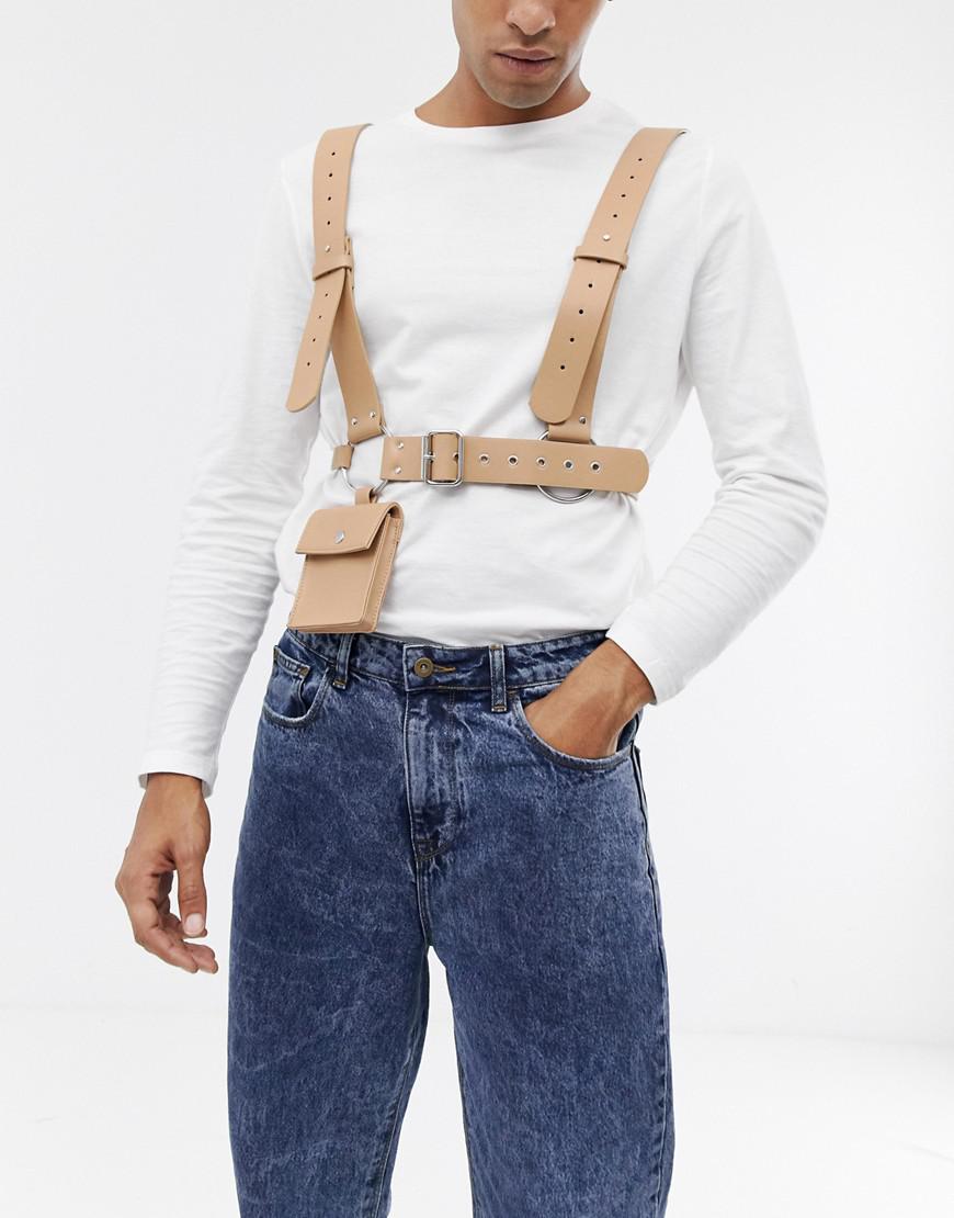 Lyst - ASOS Faux Leather Body Harness With Bag In Beige in Natural for Men