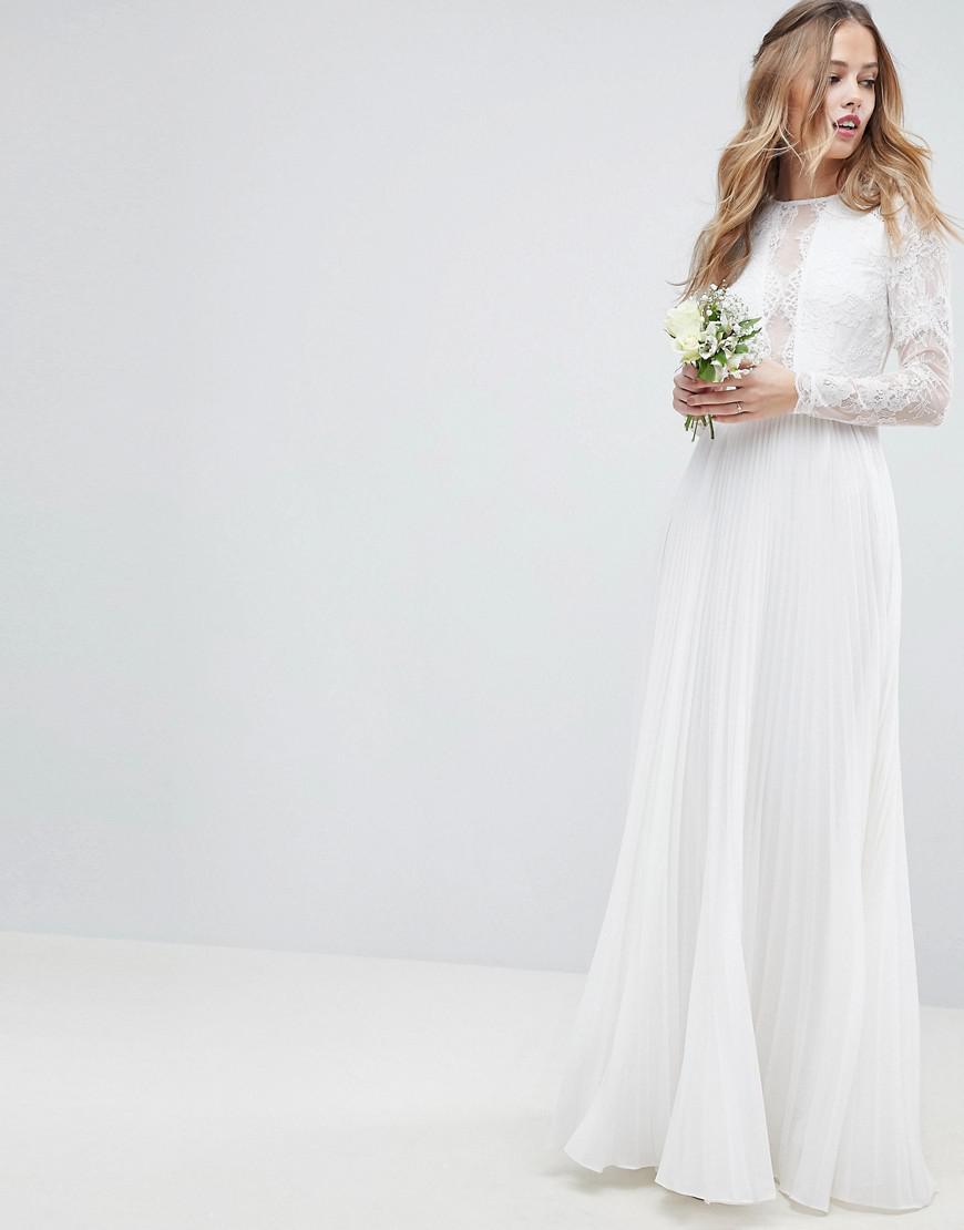 Asos Long Sleeve Lace Bodice Maxi Wedding Dress With Pleated Skirt In