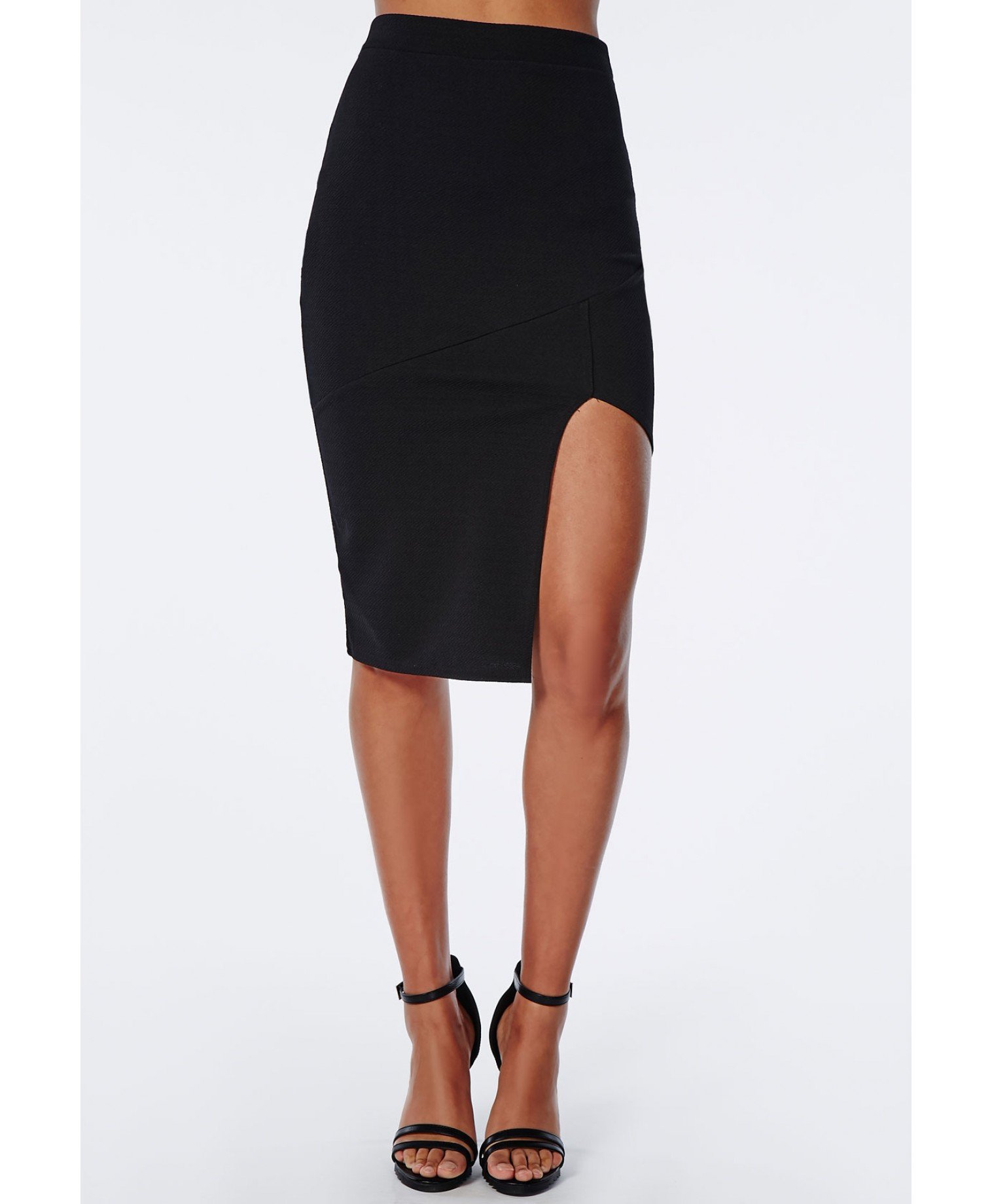 Missguided Front Split Textured Midi Skirt Black In Black Lyst