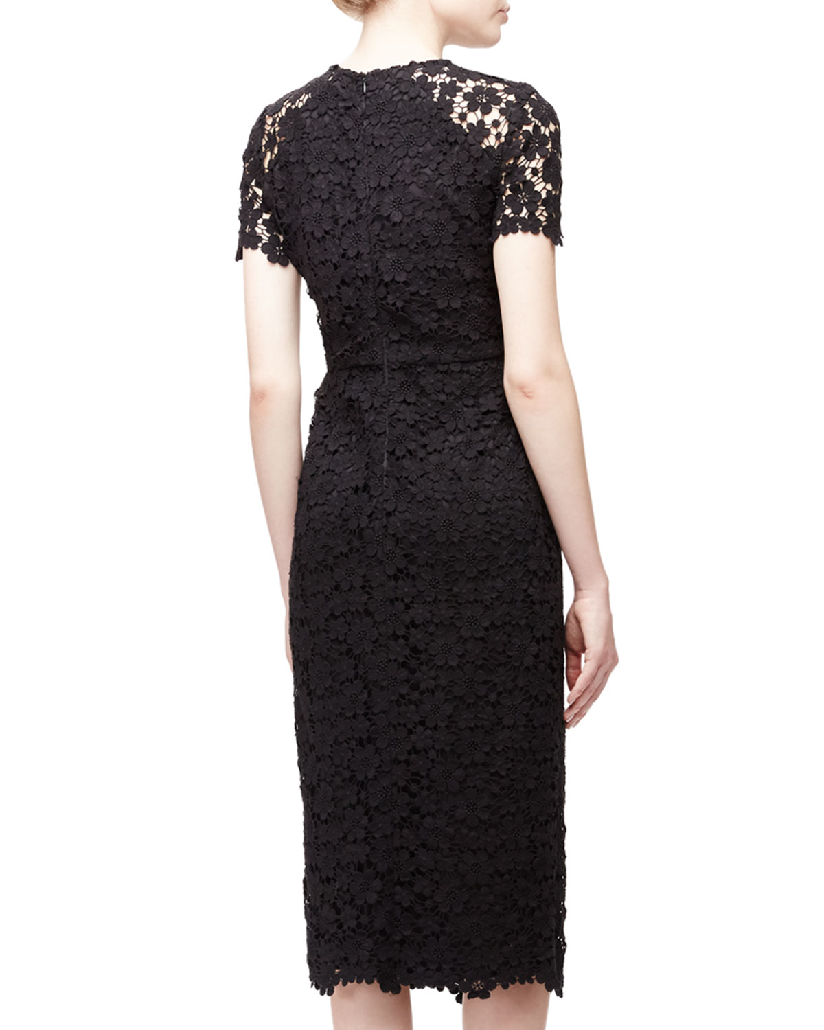 Shoshanna Short-sleeve Lace Midi Sheath Dress in Black | Lyst