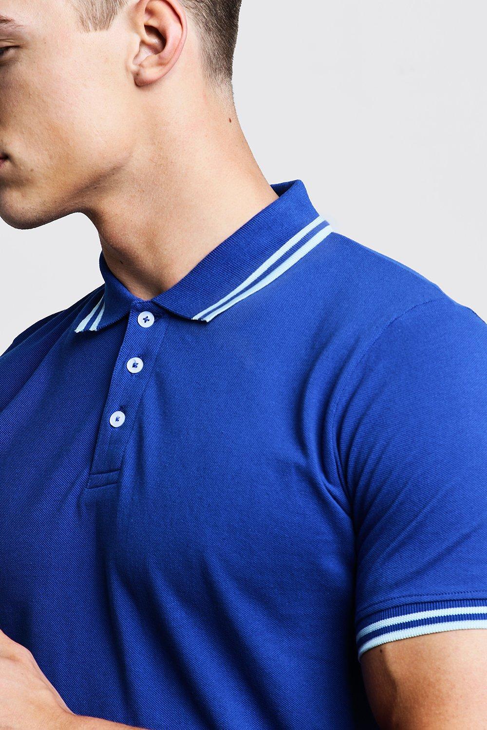 BoohooMAN Slim Fit Pique Polo With Tipping in Blue for Men - Lyst