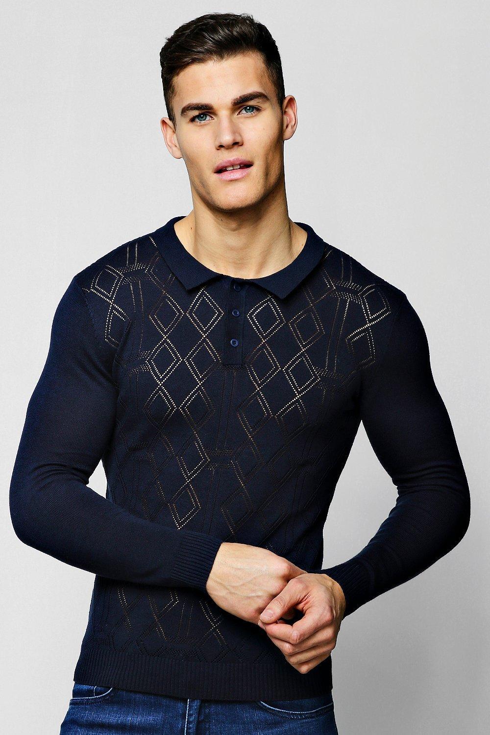 Lyst - BoohooMAN Diamond Knitted Long Sleeve Polo in Blue for Men