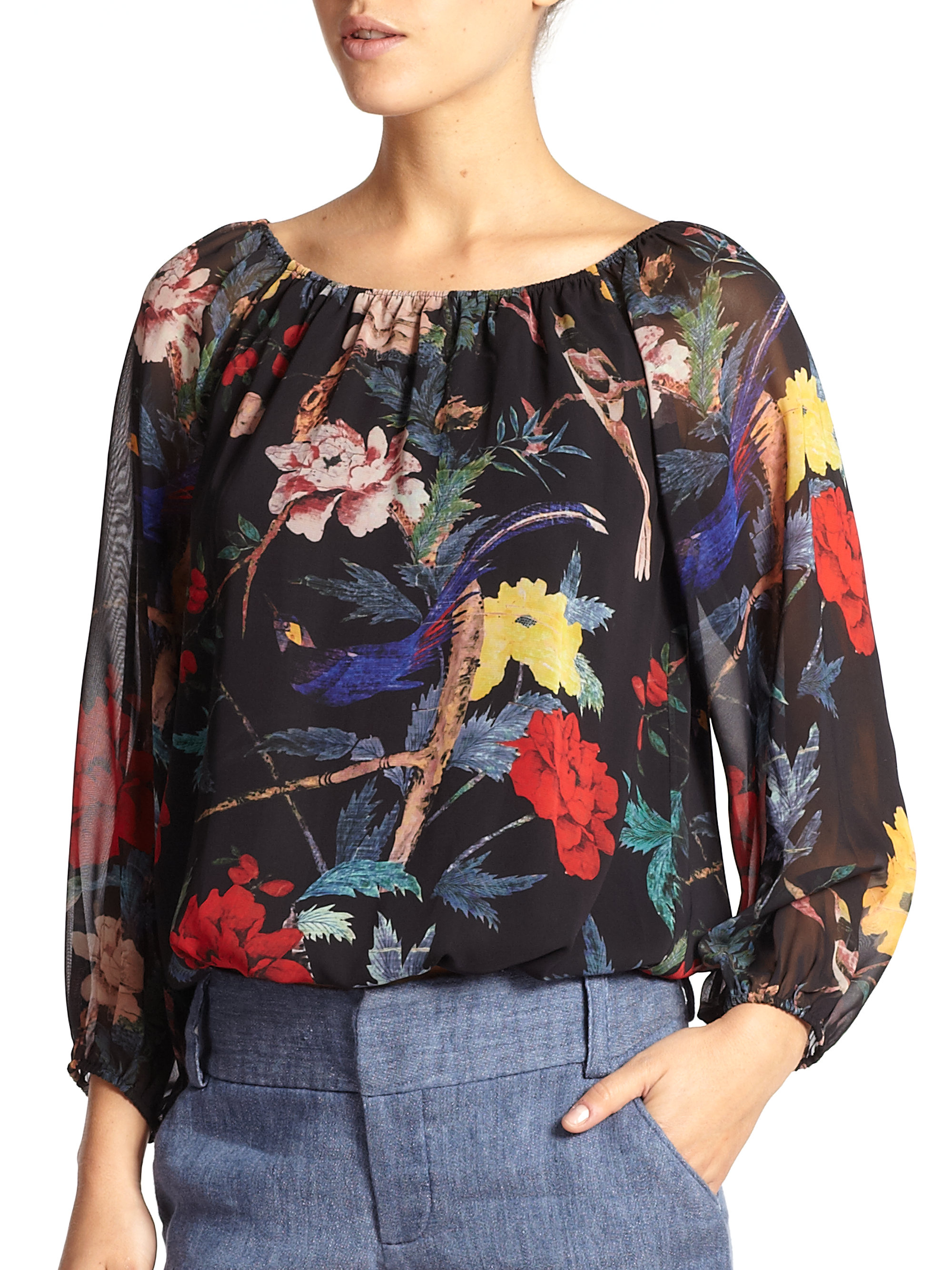 Lyst - Alice + Olivia Alta Floral-Print Chiffon Peasant Blouse