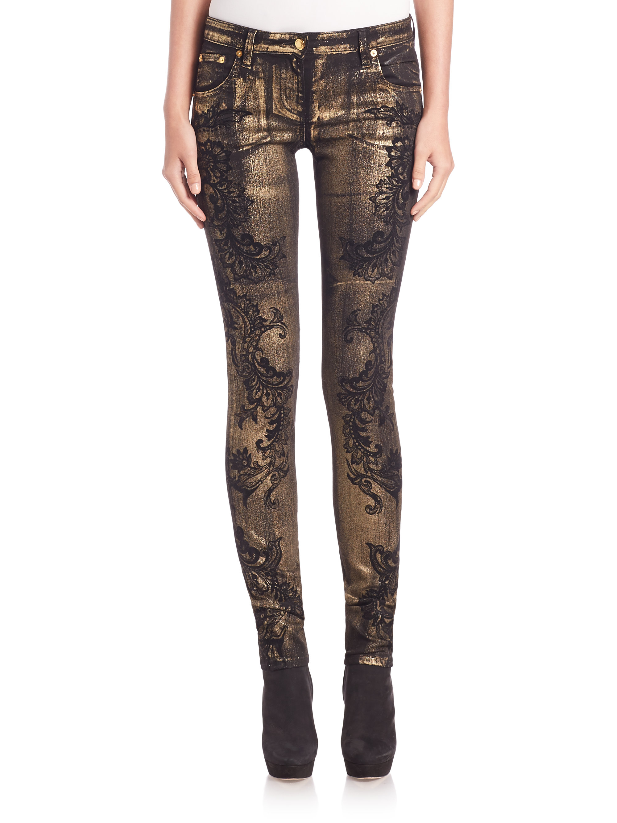 Roberto cavalli Printed Metallic Skinny Jeans in Black | Lyst