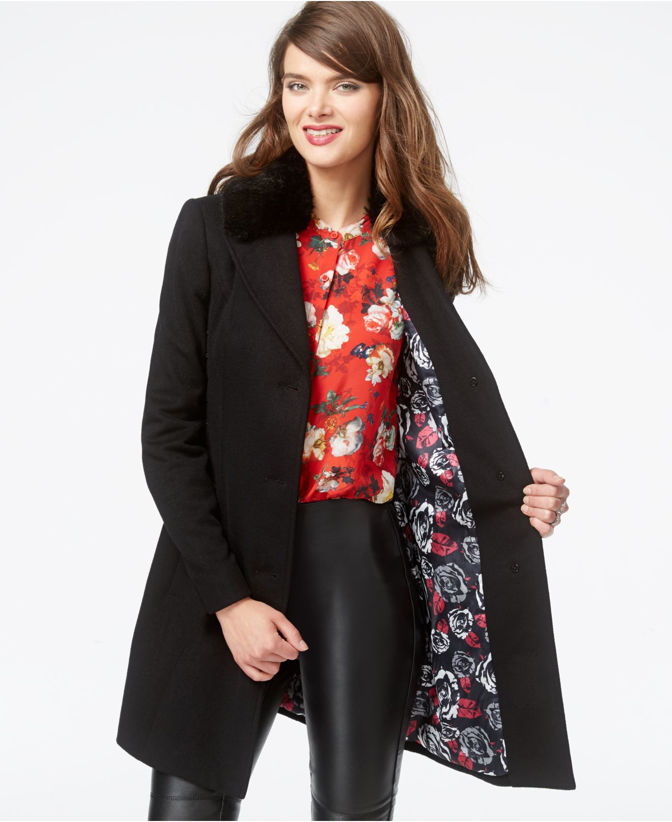 Lyst - Betsey Johnson Faux-fur-collar Lace-up A-line Coat in Black