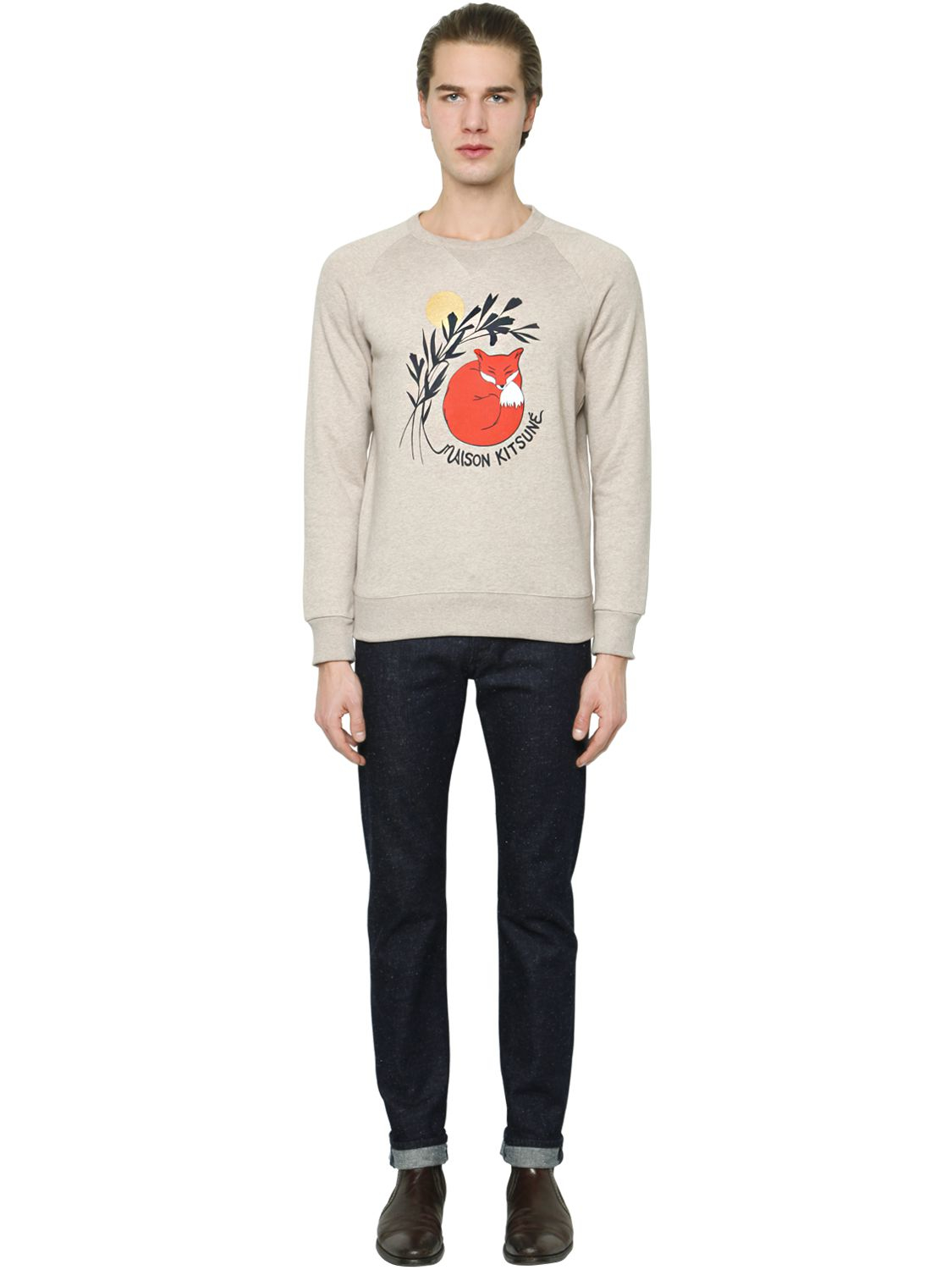 Maison kitsuné Fox Printed Cotton Sweatshirt in Natural for Men | Lyst