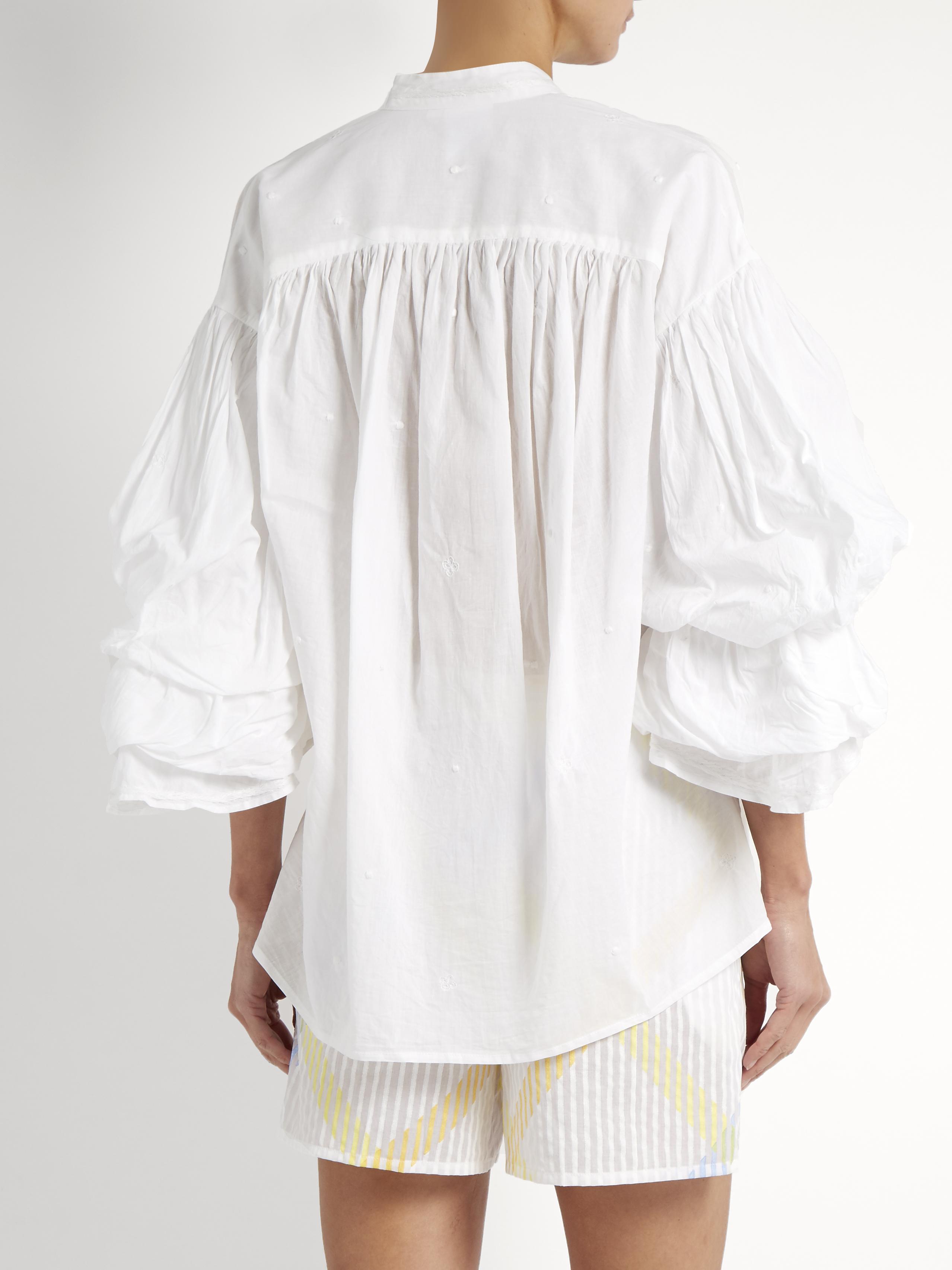 Lyst - Thierry Colson Floral-embroidered Tie-neck Cotton-lawn Blouse in ...
