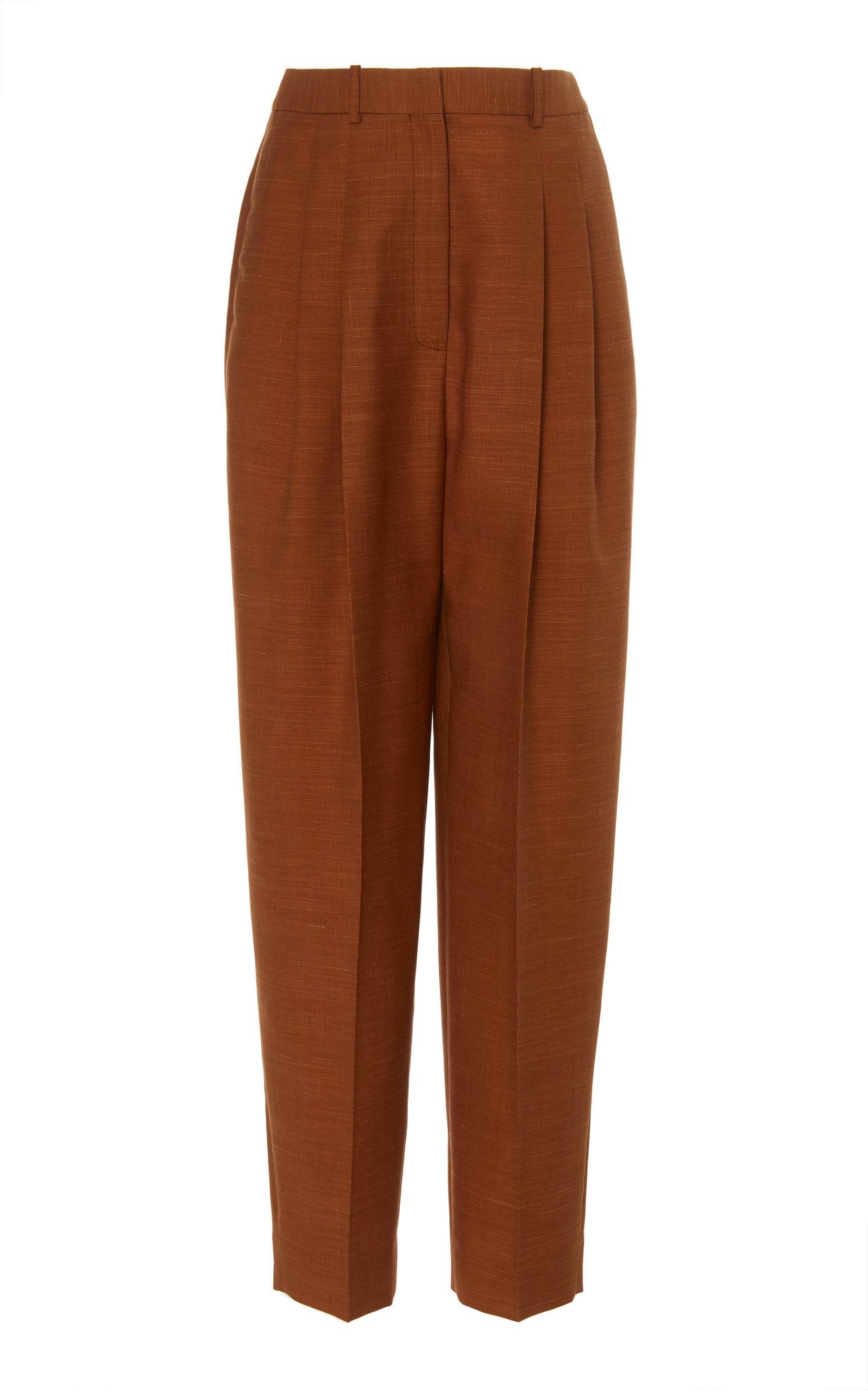 Partow Rio Pintucked Wool-silk Straight-leg Pants in Brown - Lyst
