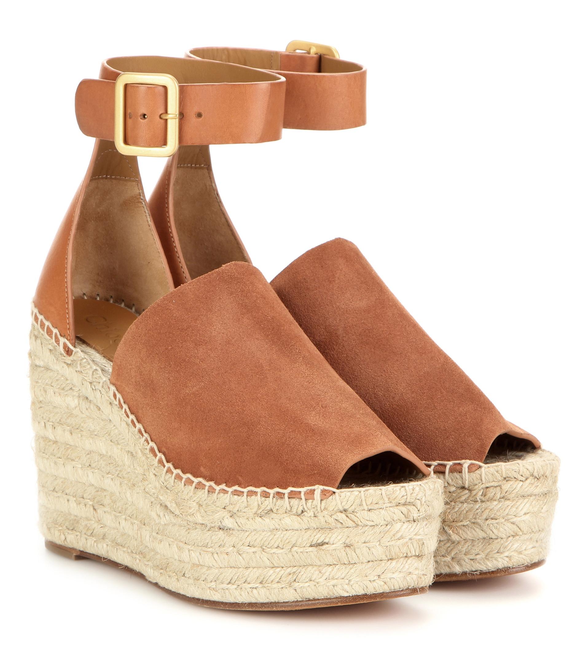 Chloé Suede And Leather Wedge Espadrilles in Brown | Lyst