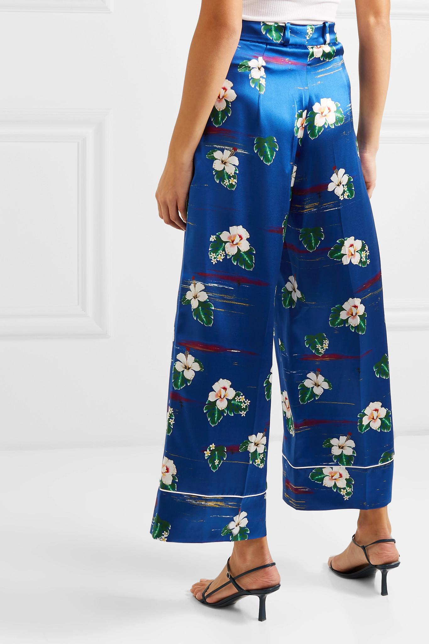 Lyst - Racil Desert Cropped Floral-print Silk-satin Wide-leg Pants in Blue