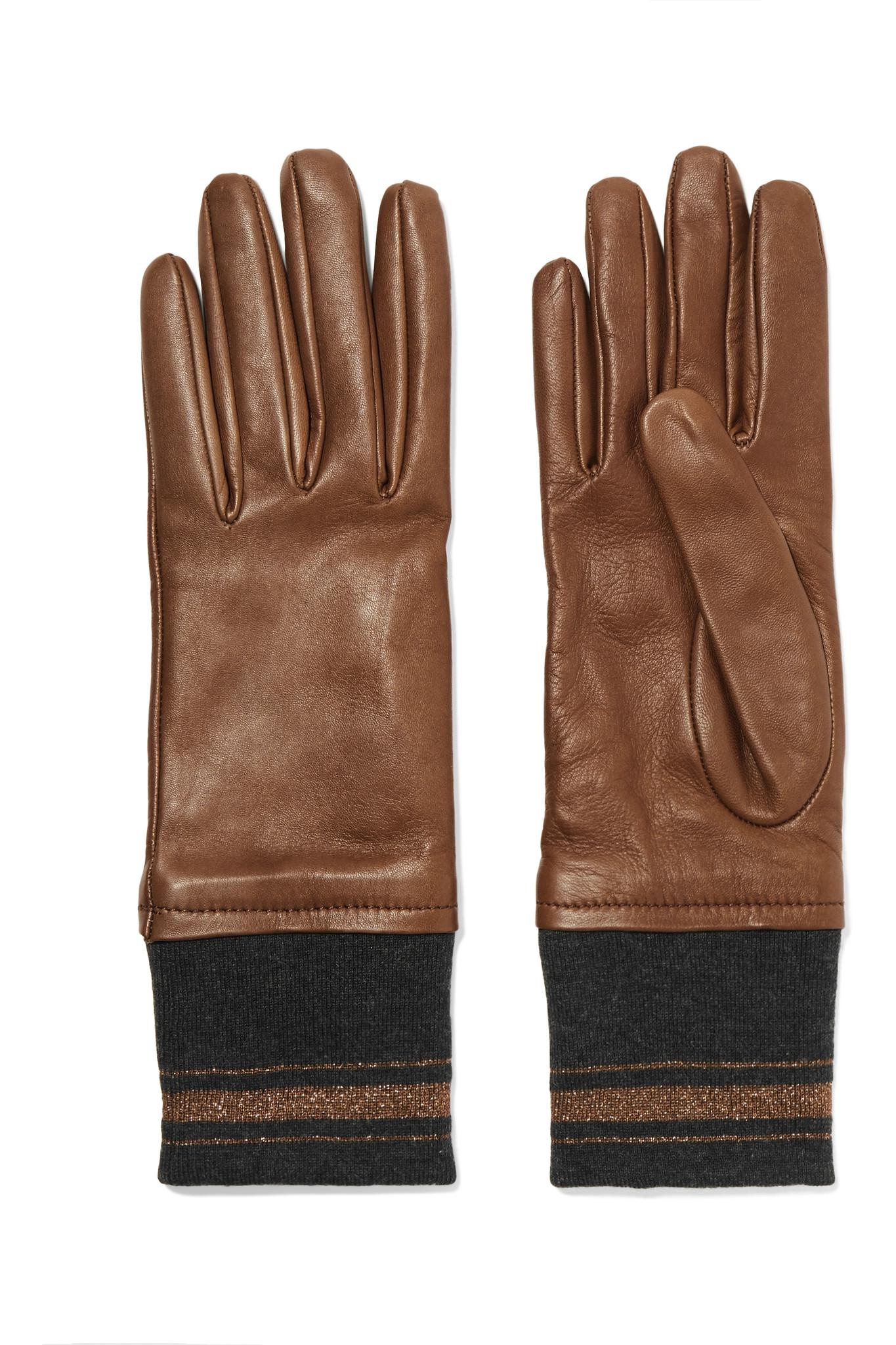 Brunello Cucinelli Leather And Cashmere Gloves in Brown - Lyst